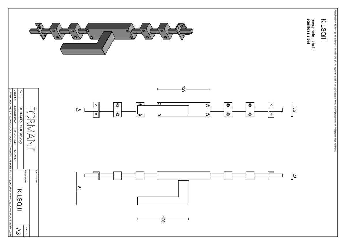 K-LSQ3 - espagnolette bolt with top and bottom receiver plate, two rods and four rod guides ...