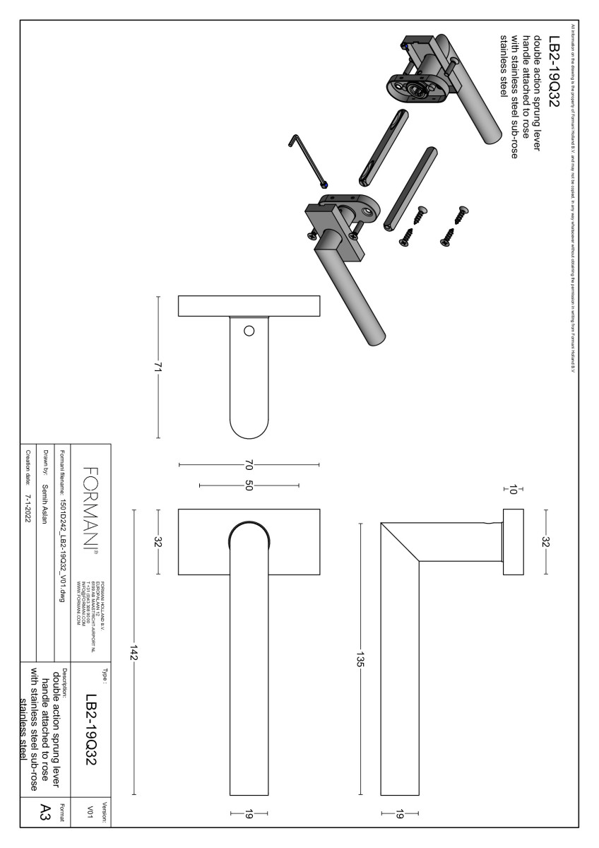 LB2-19Q32G - double sprung door handle on rectangular rose satin stainless steel - Formani
