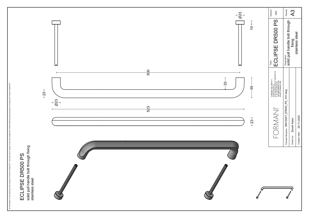 DR500 PS - pull handle including bolt through fixings satin stainless ...