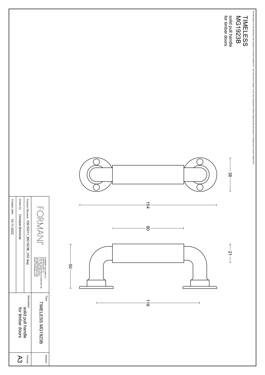 MG1923B - pull handle on round rose brass unlacquered/ebony wood - Formani