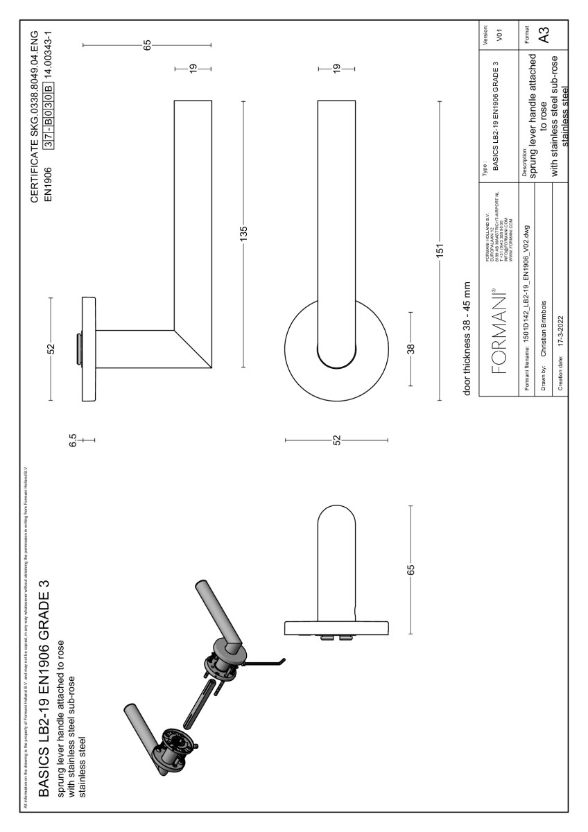LB2-19 - sprung door handle on rose EN1906 class 3 bronze - Formani