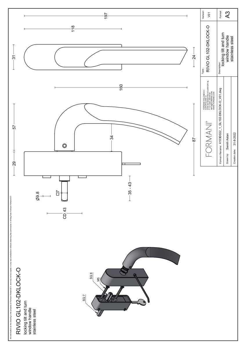 GL102-DKLOCK-O - draaikiepgarnituur afsluitbaar mat roestvast staal ...