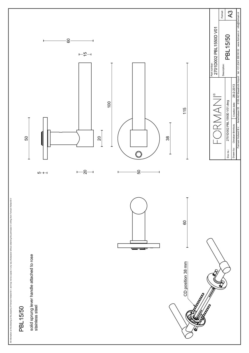 PBL15/50 - solid double sprung door handle on rose bronze - Formani