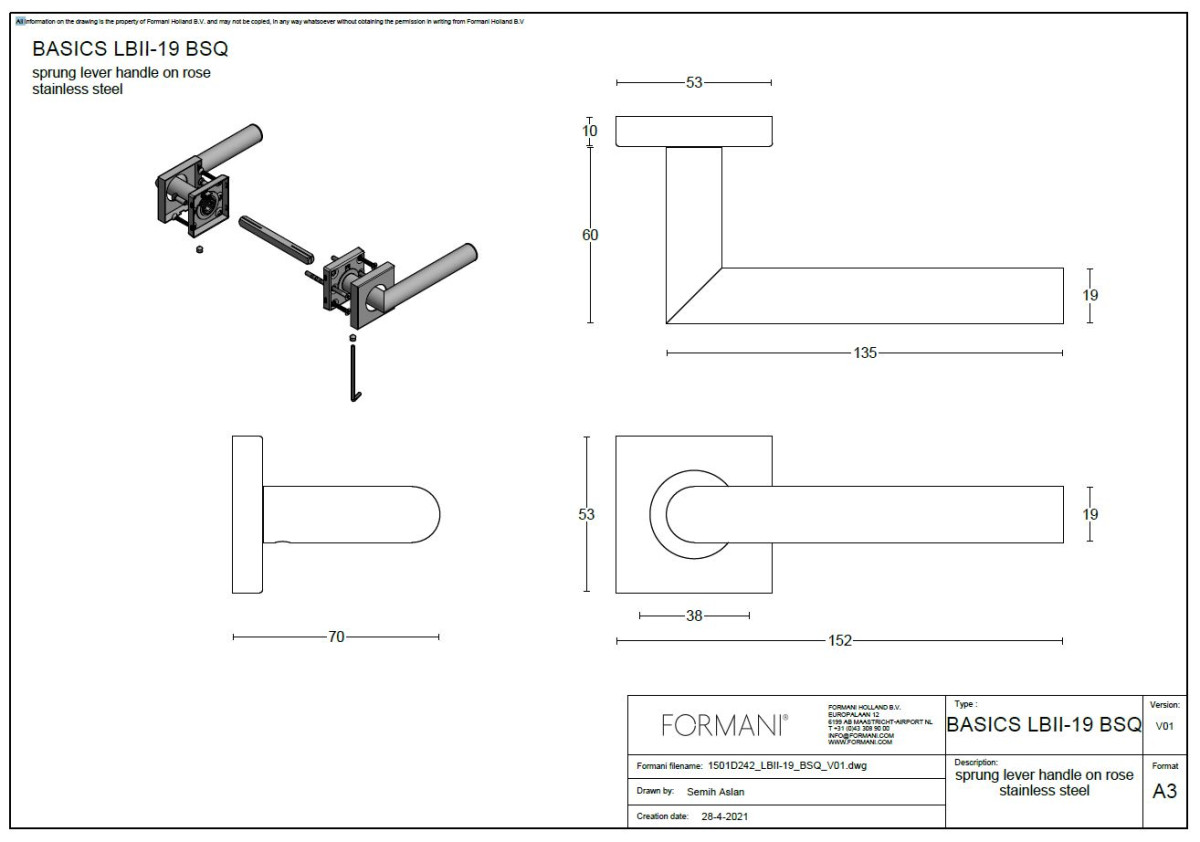 LB2-19BSQR53 - sprung door handle on square rose PVD light bronze - Formani