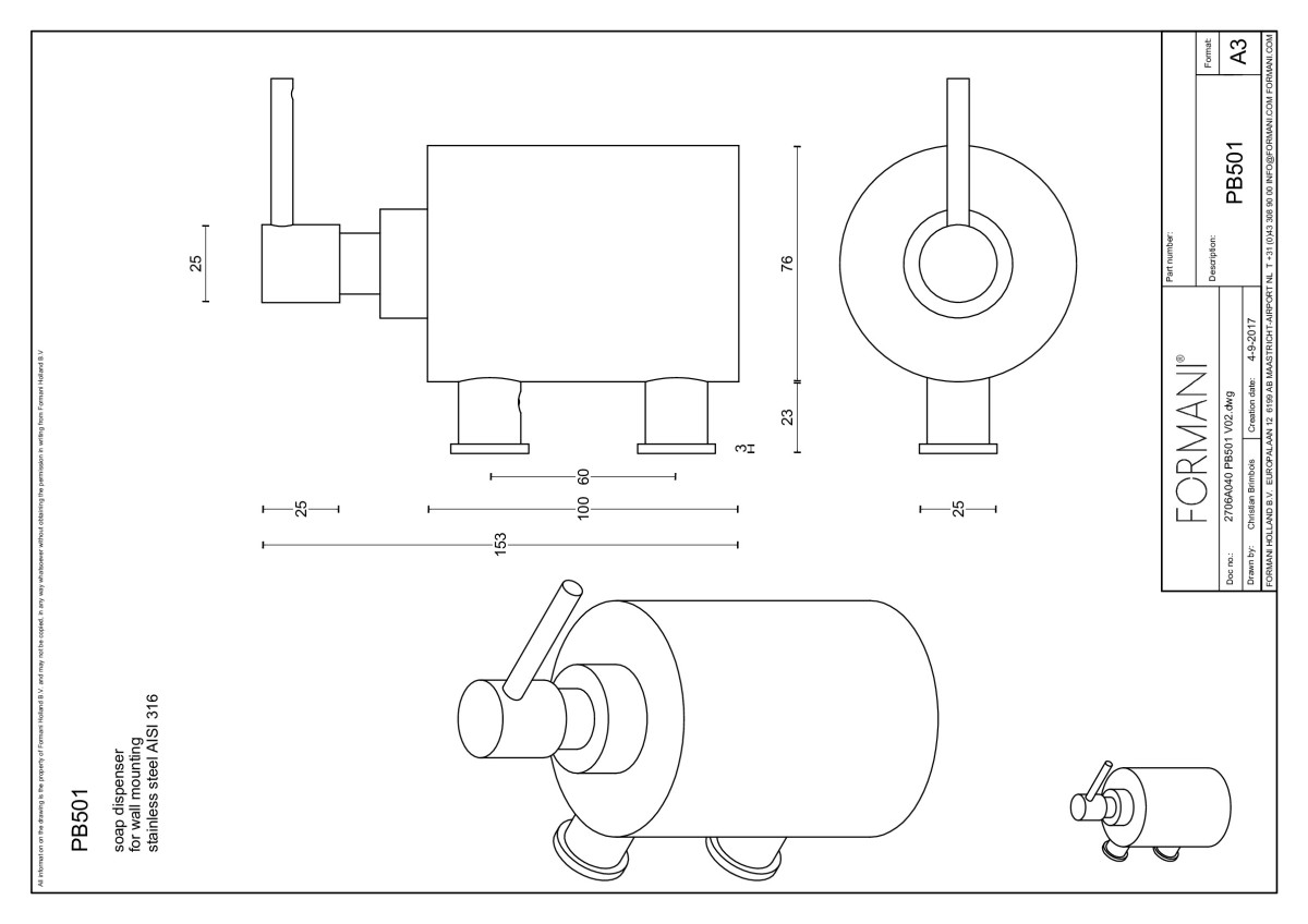 PB501 - soap dispenser for wall mounting satin black - Formani