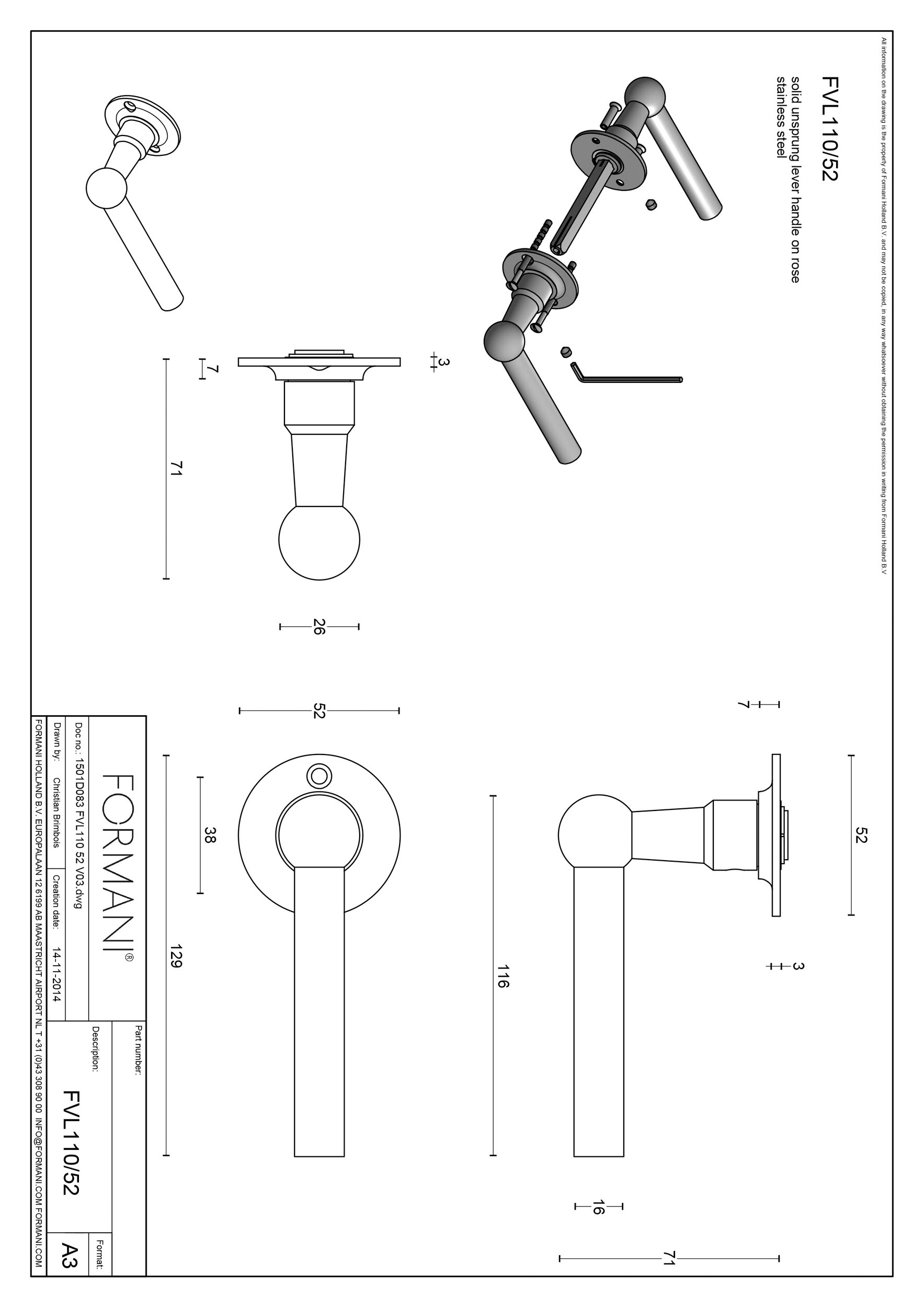 FVL110/52 - solid unsprung door handle on rose satin stainless steel ...